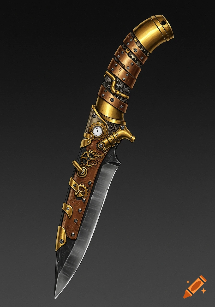 Digitally drawn concept art of a steampunk knife with a brass blade ...