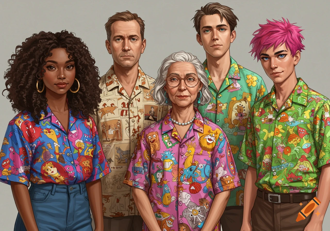 Illustration of five people wearing colorful shirts with cartoon ...
