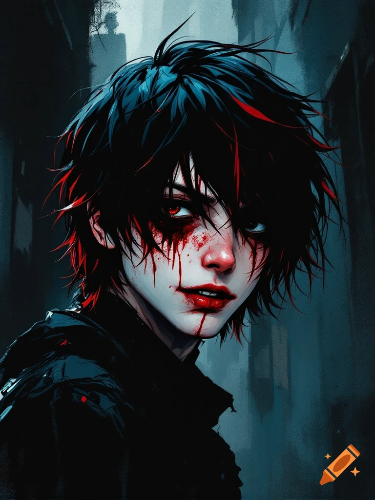 Close-up digital painting of a young person with black and red emo hair ...