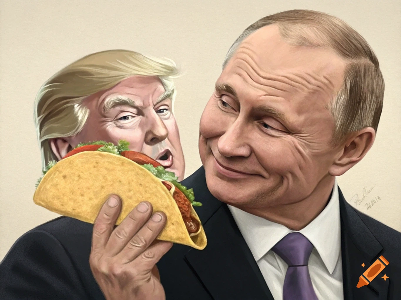 Caricature of Vladimir Putin holding a taco with Donald Trump's head ...