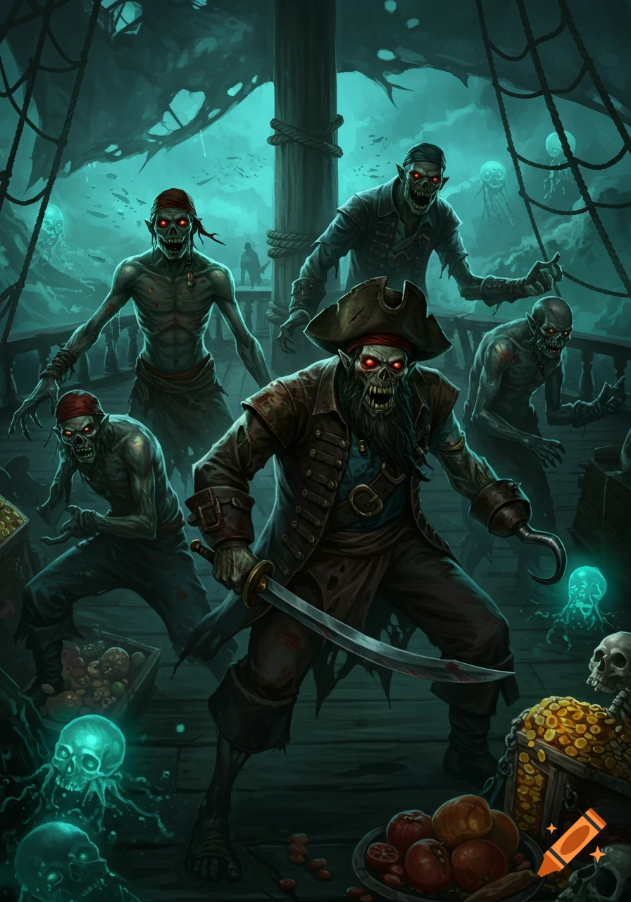 Digital painting of ghoul pirates and glowing skulls on a ship deck. on ...