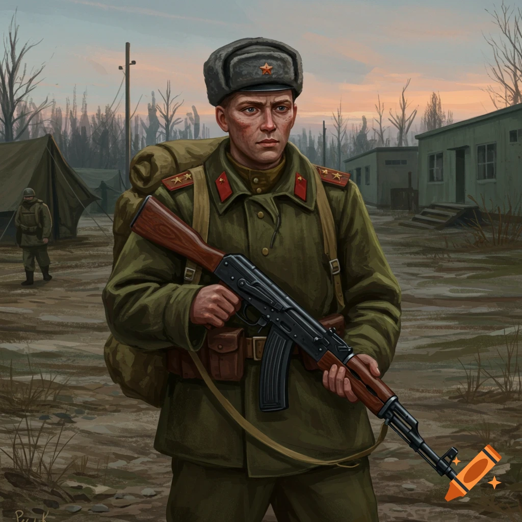 Realistic painting of a Soviet soldier with a rifle in a muddy camp. on ...
