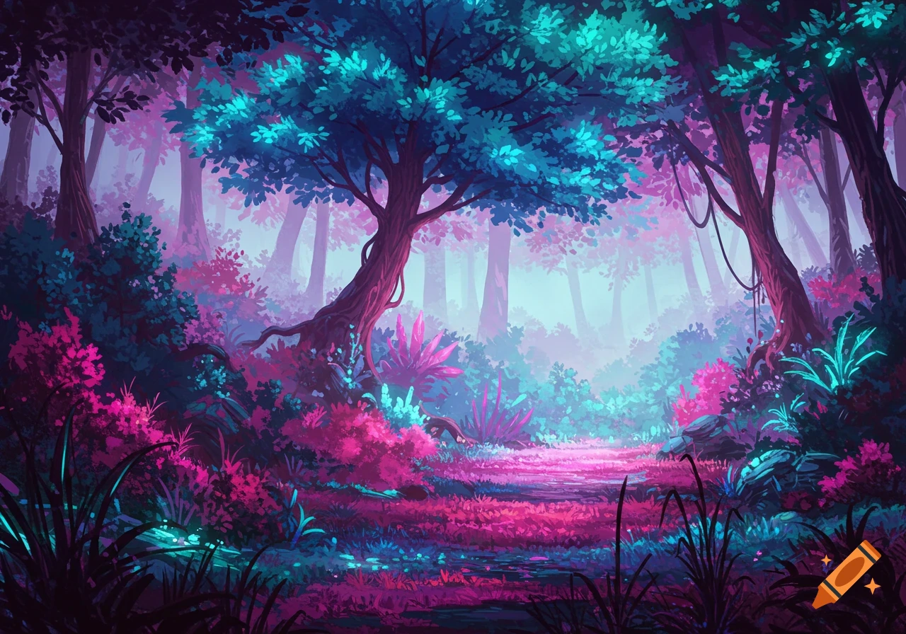 A vibrant, stylized fantasy forest with a path leading through bright ...