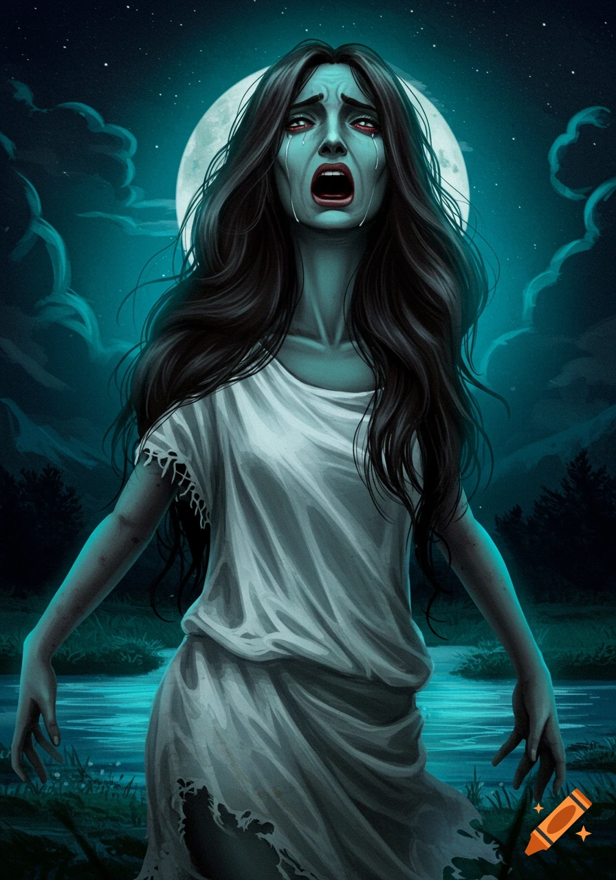 A spectral woman cries under a full moon beside a river at night. on ...