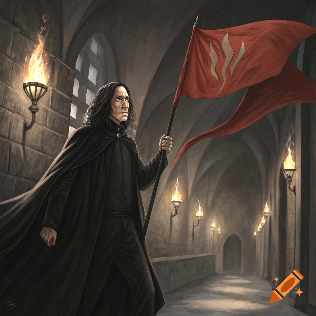 Illustration of Snape holding a red flag in a dark castle corridor lit ...