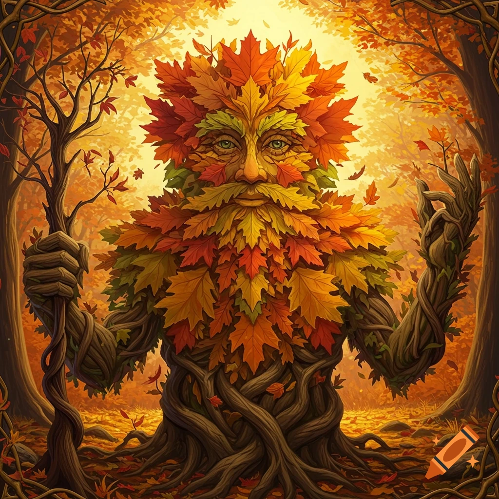A mystical figure made of autumn leaves and tree roots stands in a fall ...