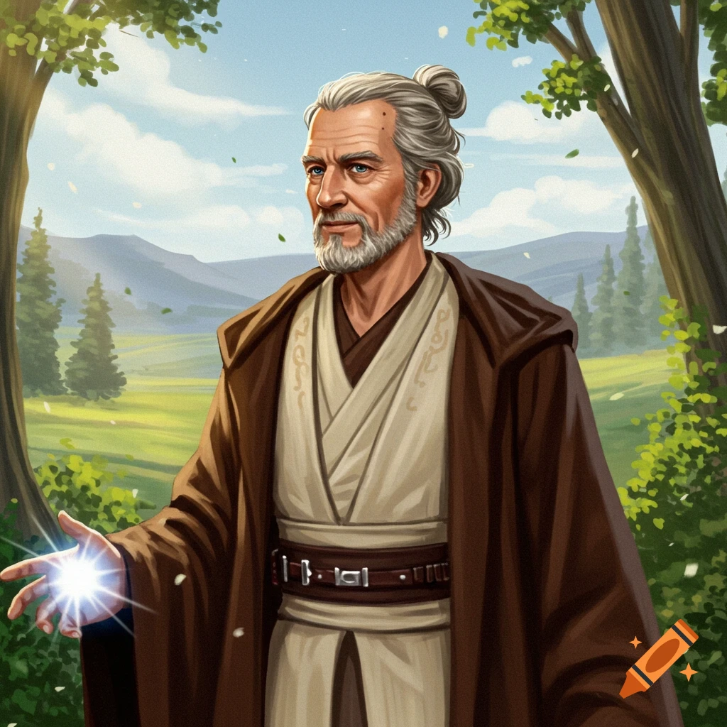 Illustration of an older man in brown robes in a forest, holding out a ...