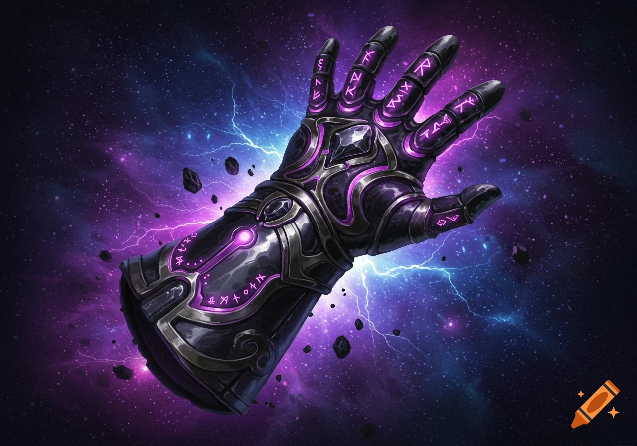 Detailed fantasy gauntlet in space with lightning and asteroids. on Craiyon