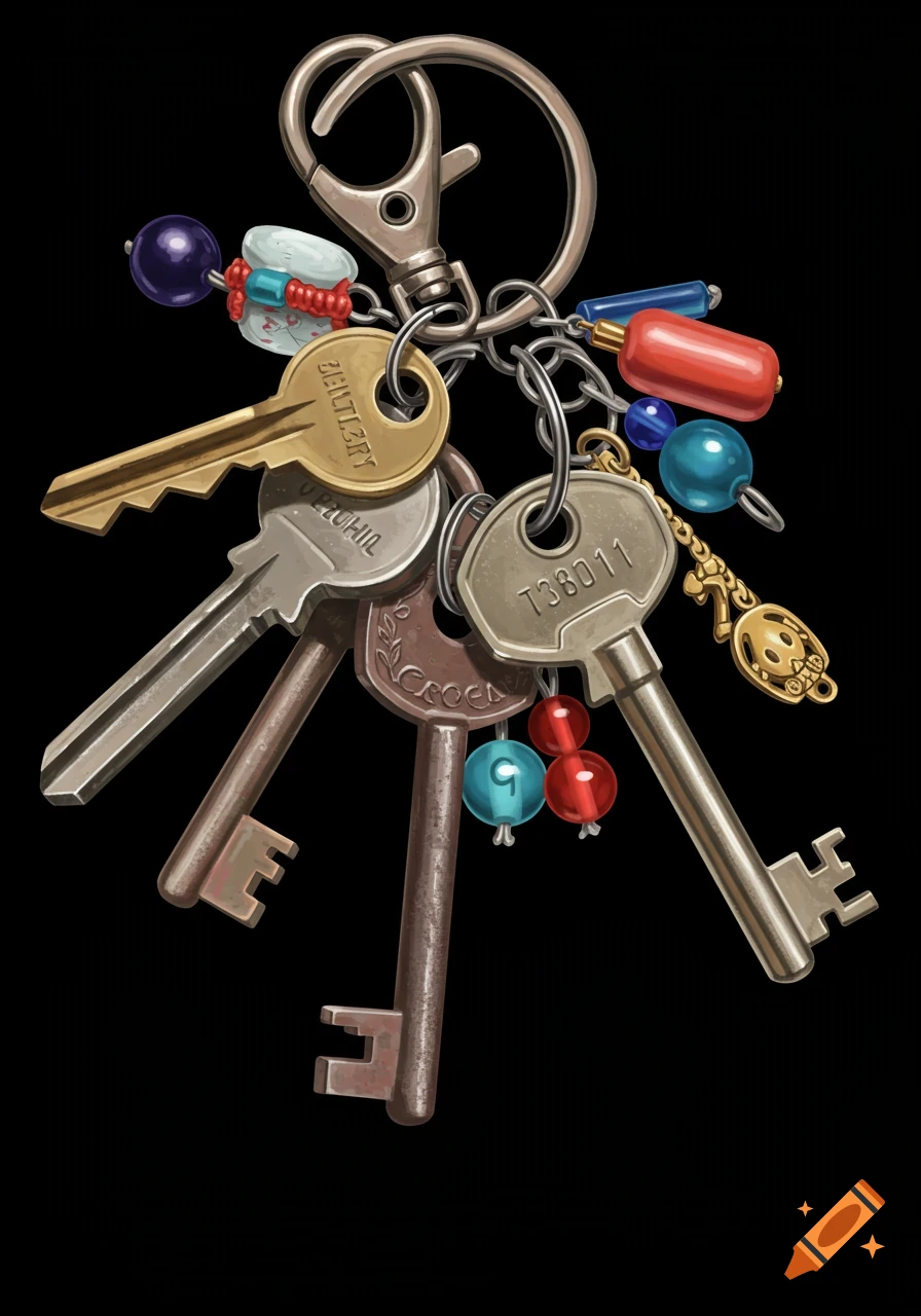 Close-up digital painting of a keychain with multiple keys and colorful ...