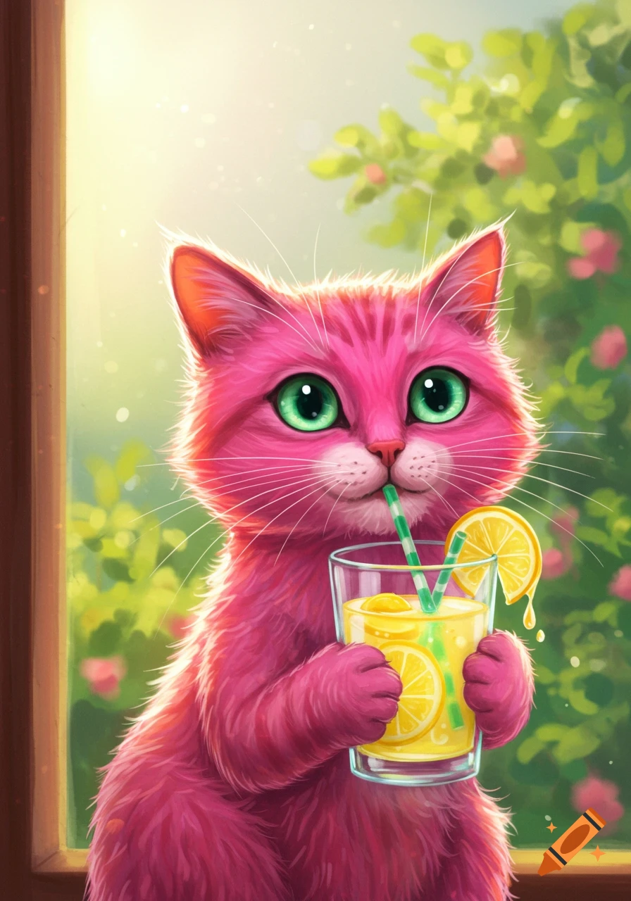 A pink cartoon cat with big green eyes drinks lemonade through a straw ...