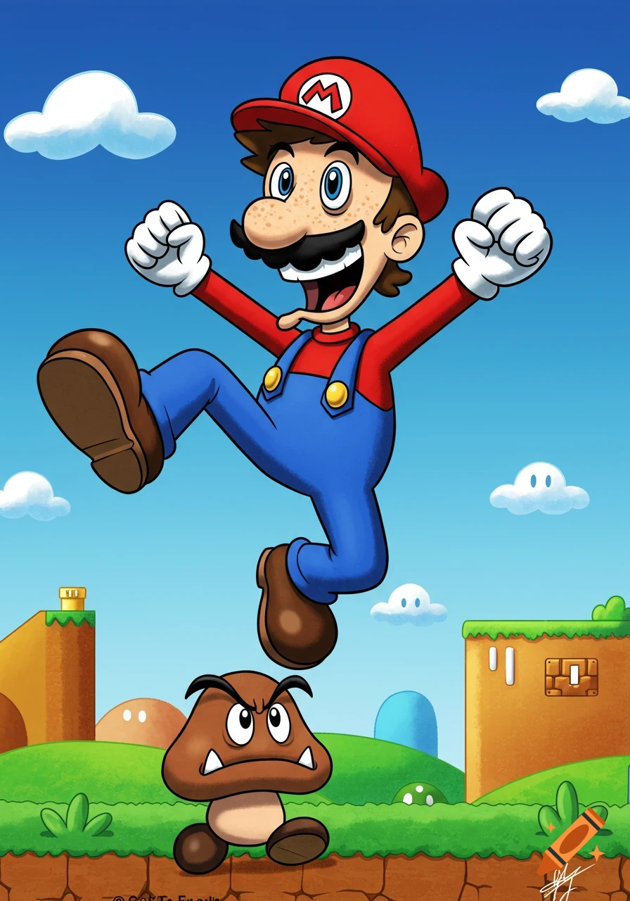 Cartoon illustration of a character dressed as Mario jumping over a ...
