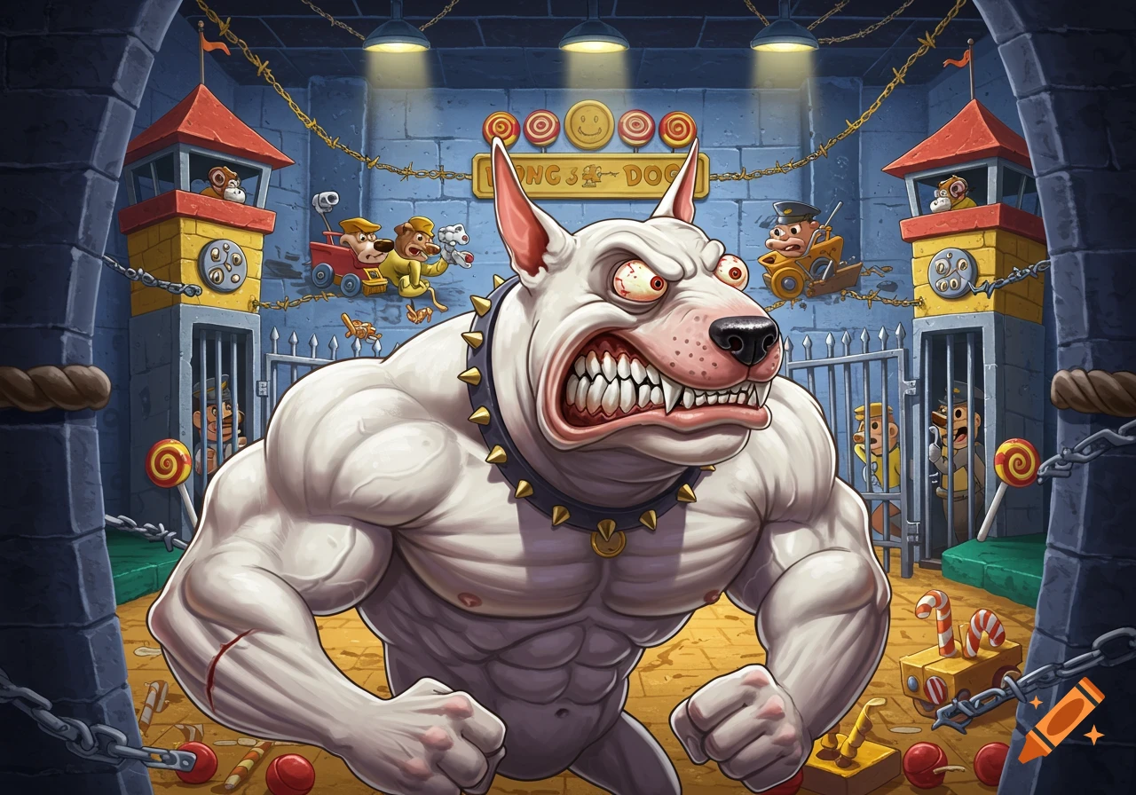 An exaggerated muscular cartoon English Bull terrier stands in a dog ...