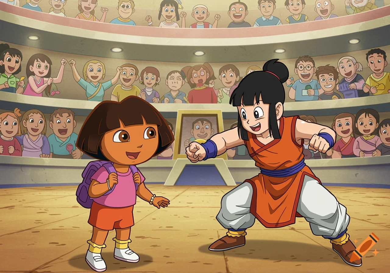 Dora the Explorer and Chi Chi face off in a martial arts arena, cartoon ...