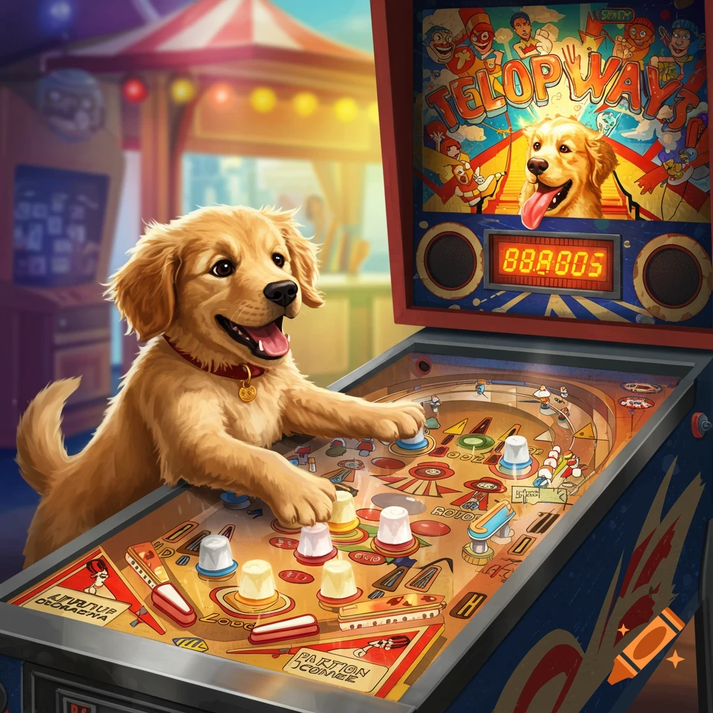 A golden retriever puppy plays pinball in a brightly lit arcade. on Craiyon