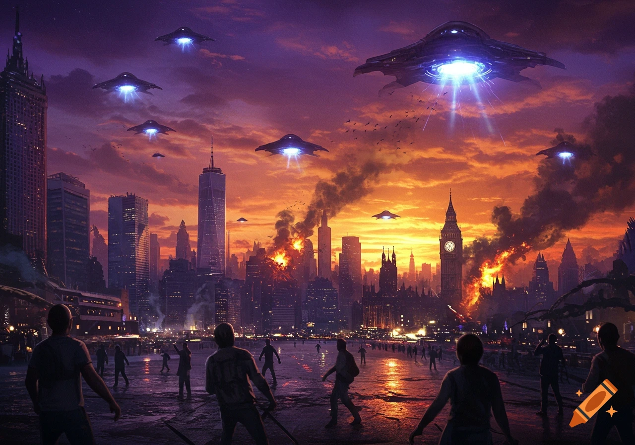 Alien invasion over a city with UFOs in a fiery sunset sky, buildings ...