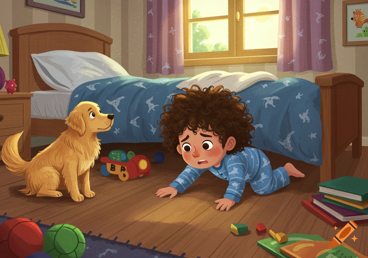 Cartoon illustration of a child crawling on the floor looking under a ...