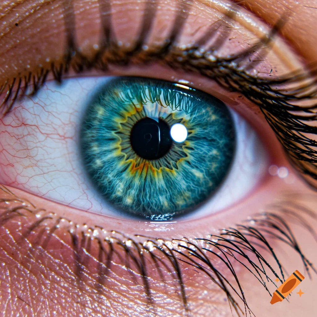Macro shot of a human eye with blue and green iris and visible veins ...