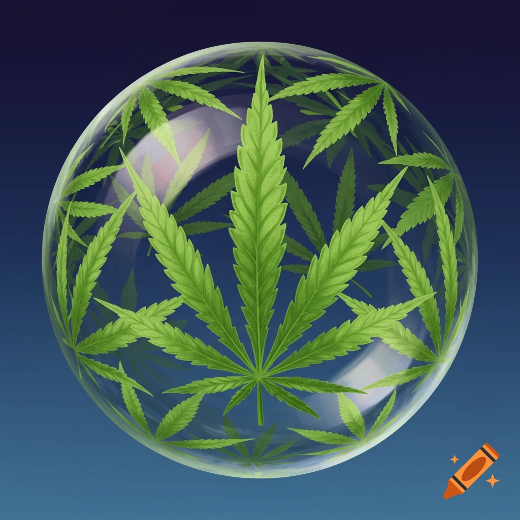 Marijuana leaves inside a clear bubble against a blue background. on ...