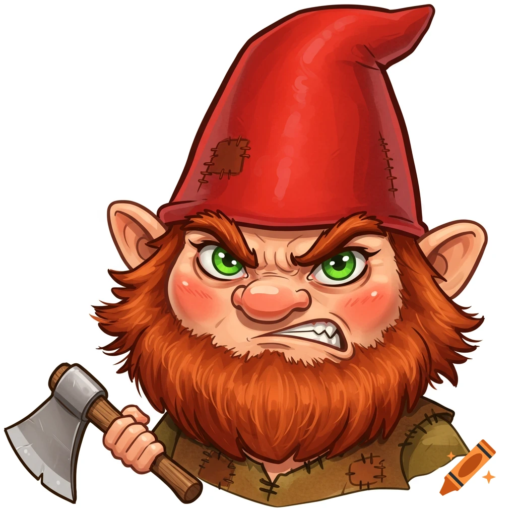 A cartoon portrait of an angry gnome with a red hat and beard holding ...