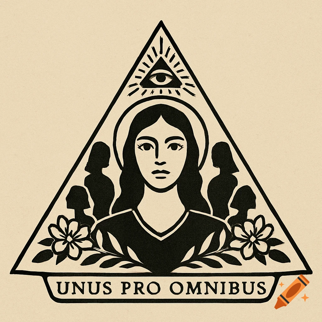 Black and white symbol in a triangle with a woman's face, halo, eye ...