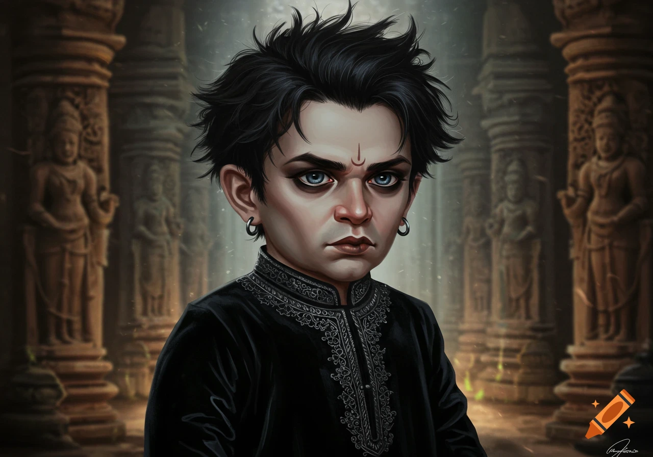A stylized portrait of a goth dwarf with dark hair and striking eyes ...