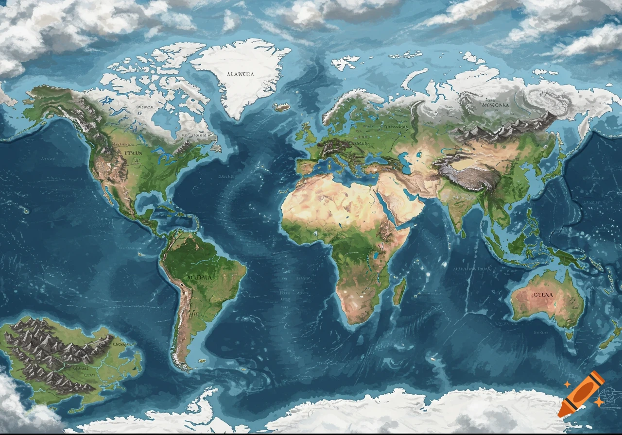 A stylized world map showing fictional continents labeled ALANTHA ...