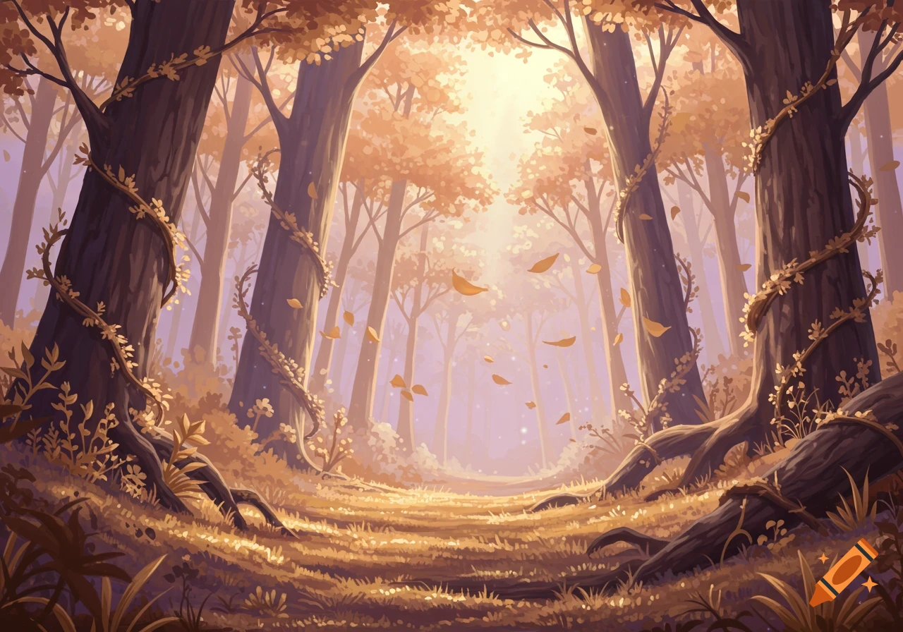 Stylized fantasy forest with large trees, vines, and falling leaves on ...