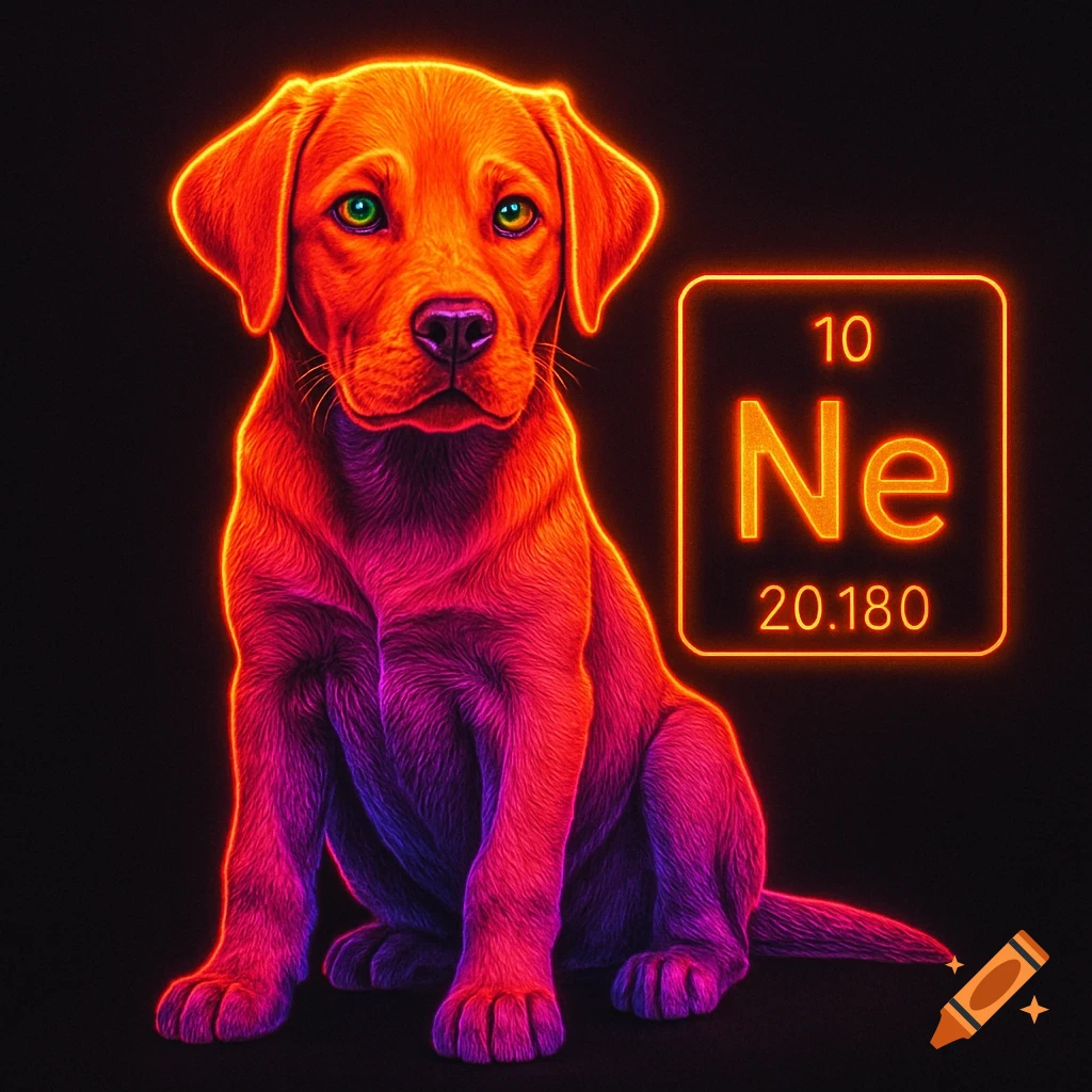 Neon-colored puppy sits next to a neon periodic table element symbol ...
