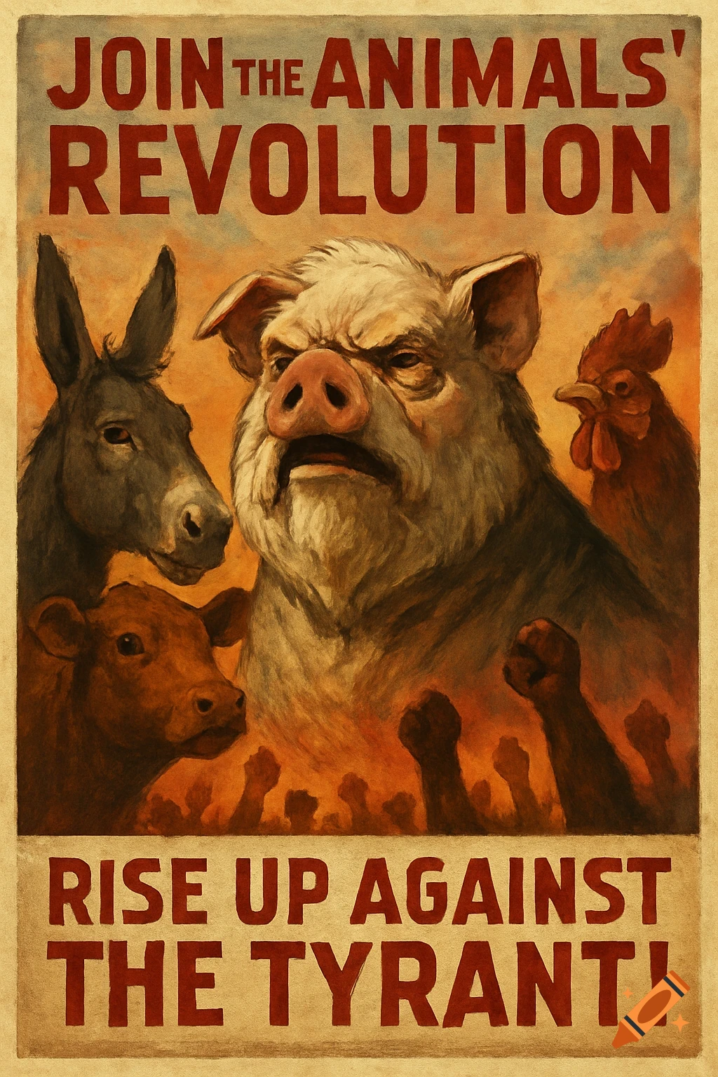 Propaganda poster of revolutionary animals with fists raised and text ...