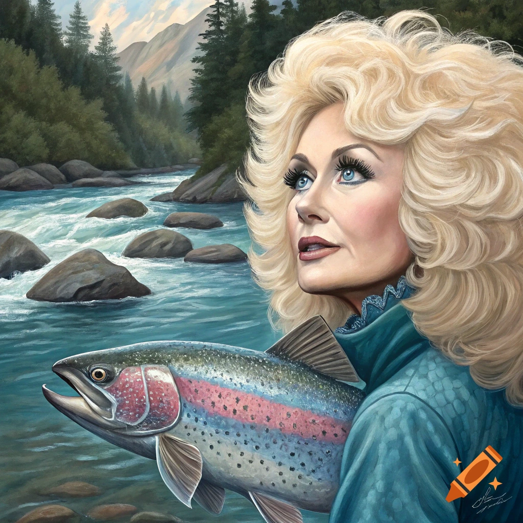 Painting of Dolly Parton holding a large trout by a river in a ...