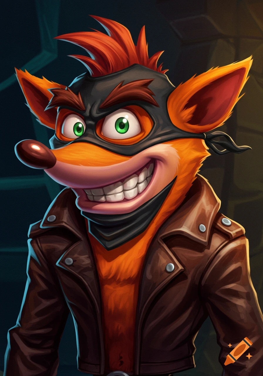 Cartoon portrait of Crash Bandicoot wearing a black mask and a brown ...