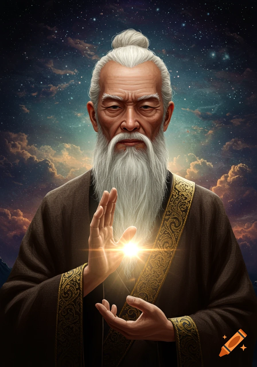 Old man with long white beard and robe holds glowing light in front of ...