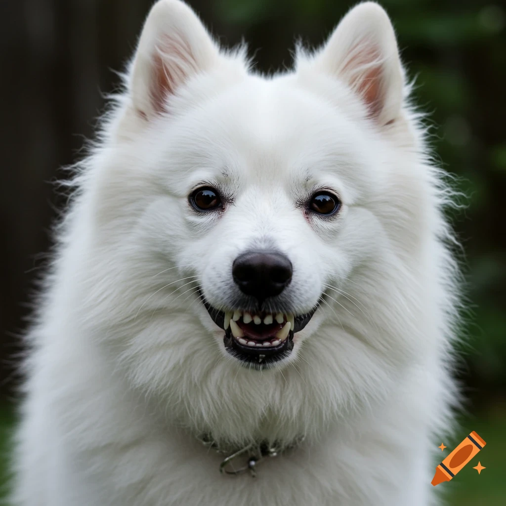 Close-up of a white Spitz-type dog snarling at the camera on Craiyon