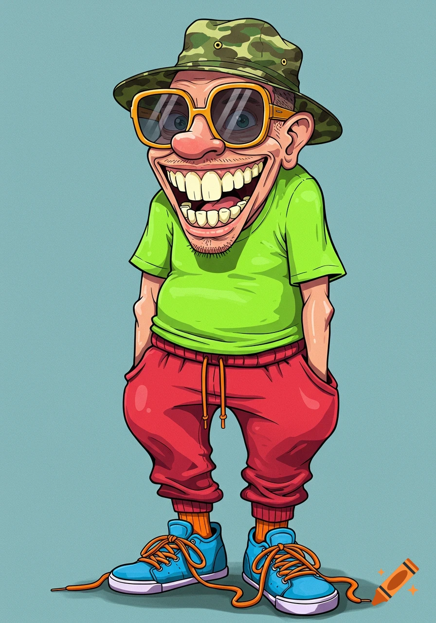 Cartoon drawing of a goofy man with a camo hat, oversized sunglasses ...