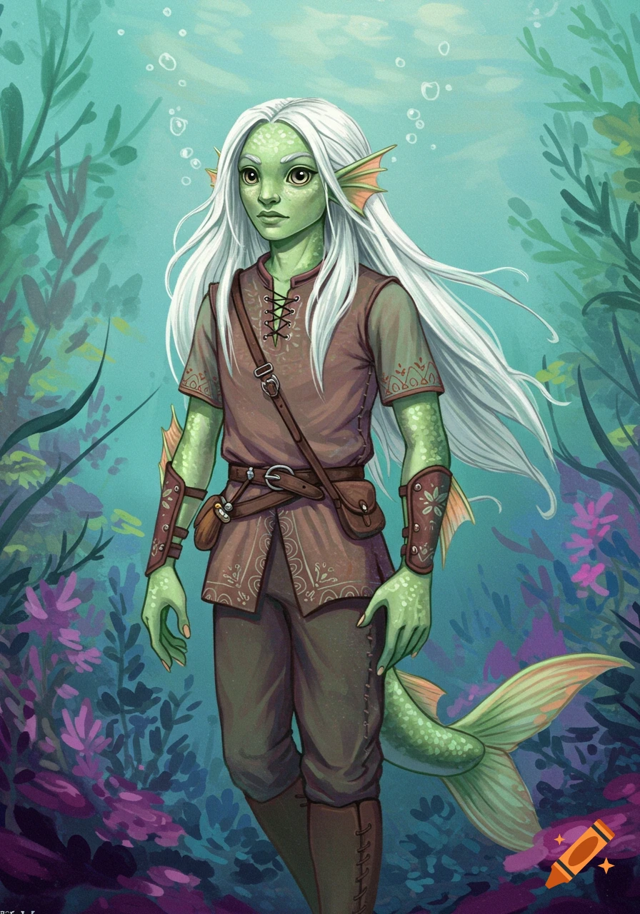 A fish person with green skin, scales, and white hair wears fantasy ...