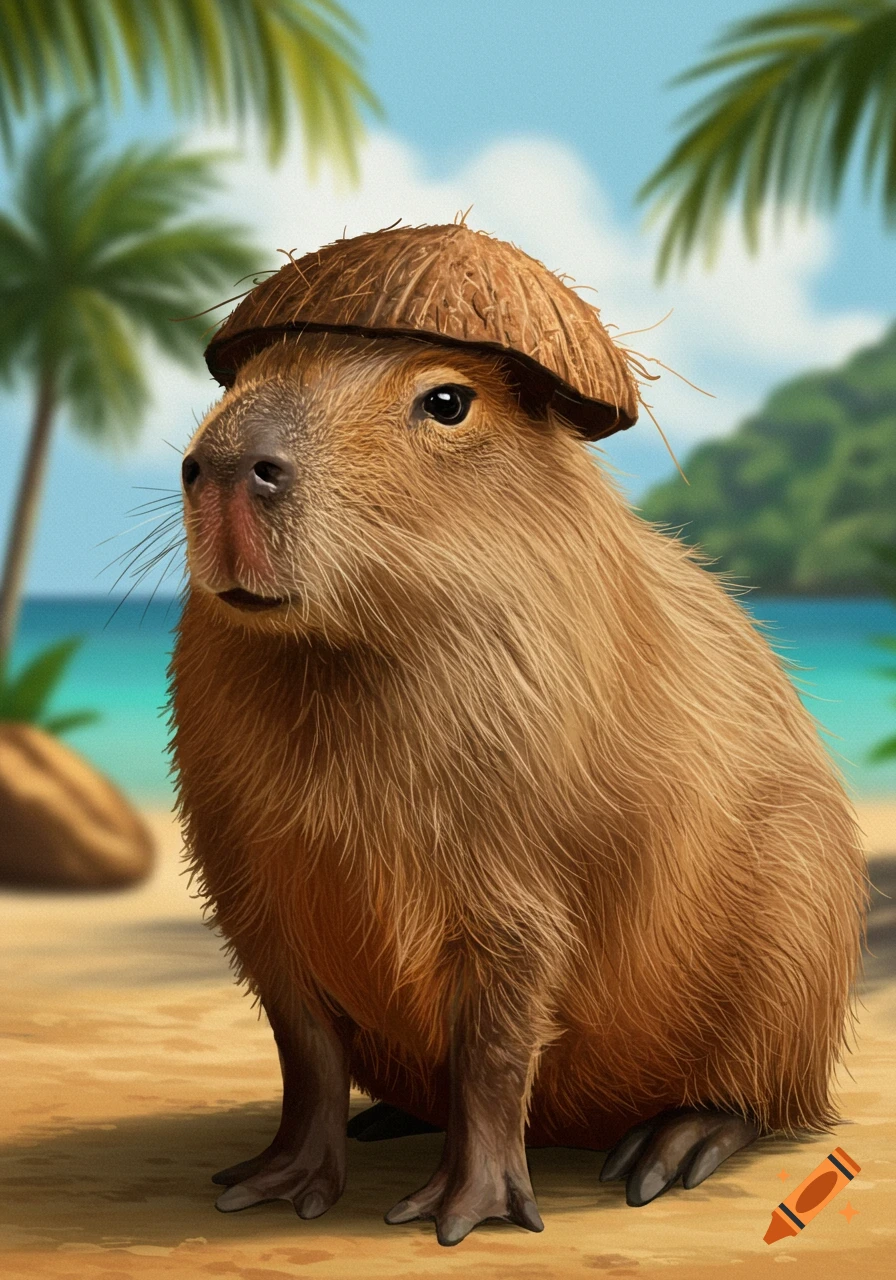A capybara wearing a coconut hat sits on a sunny beach. on Craiyon