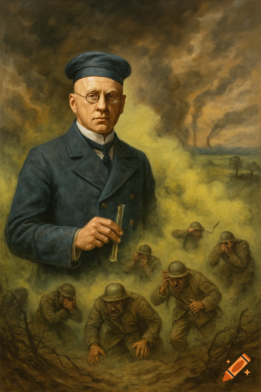 Painting of a man in a cap holding a test tube, with soldiers affected ...