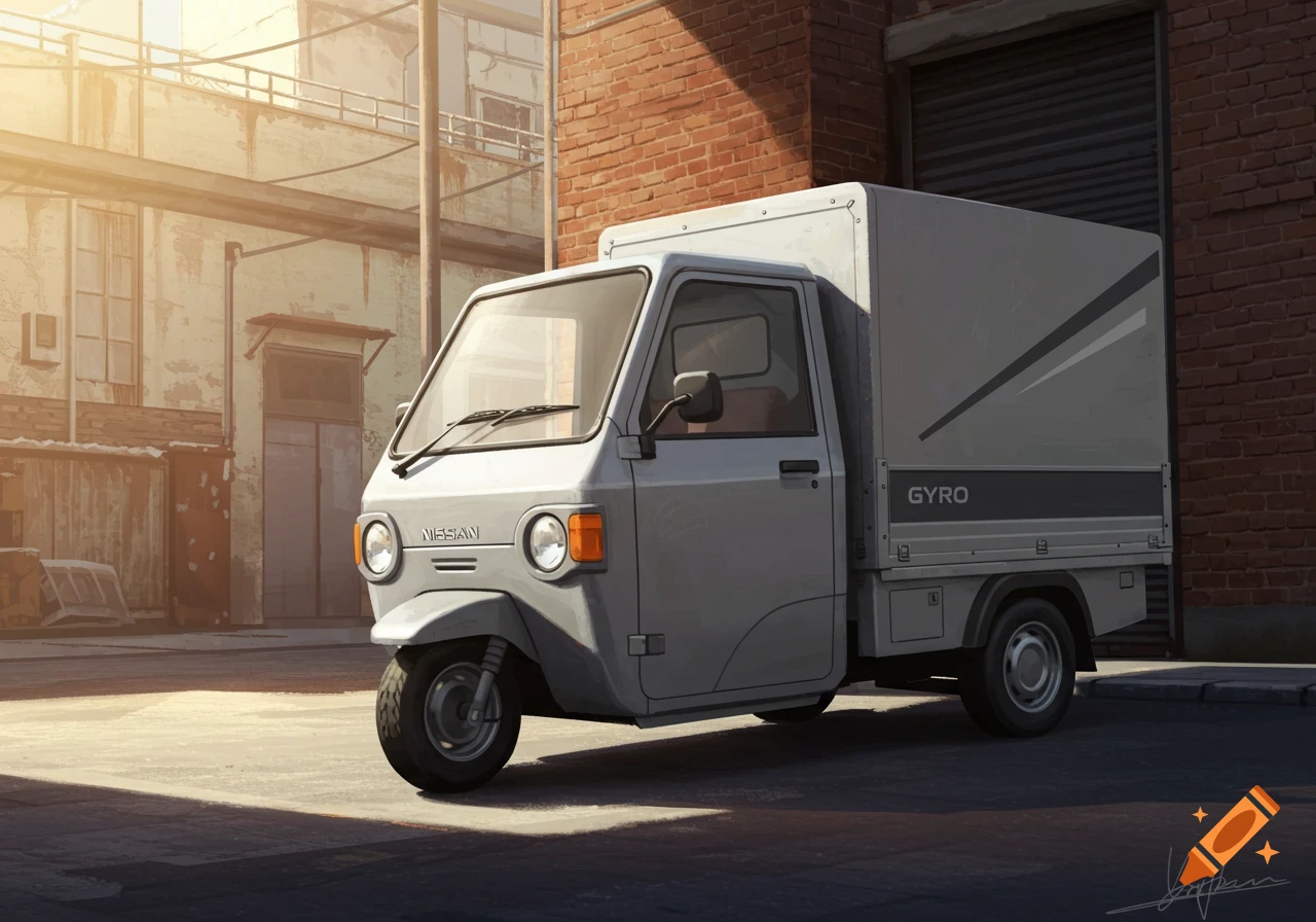 A white three-wheeled Nissan Gyro box truck parked in a sunny alley. on ...