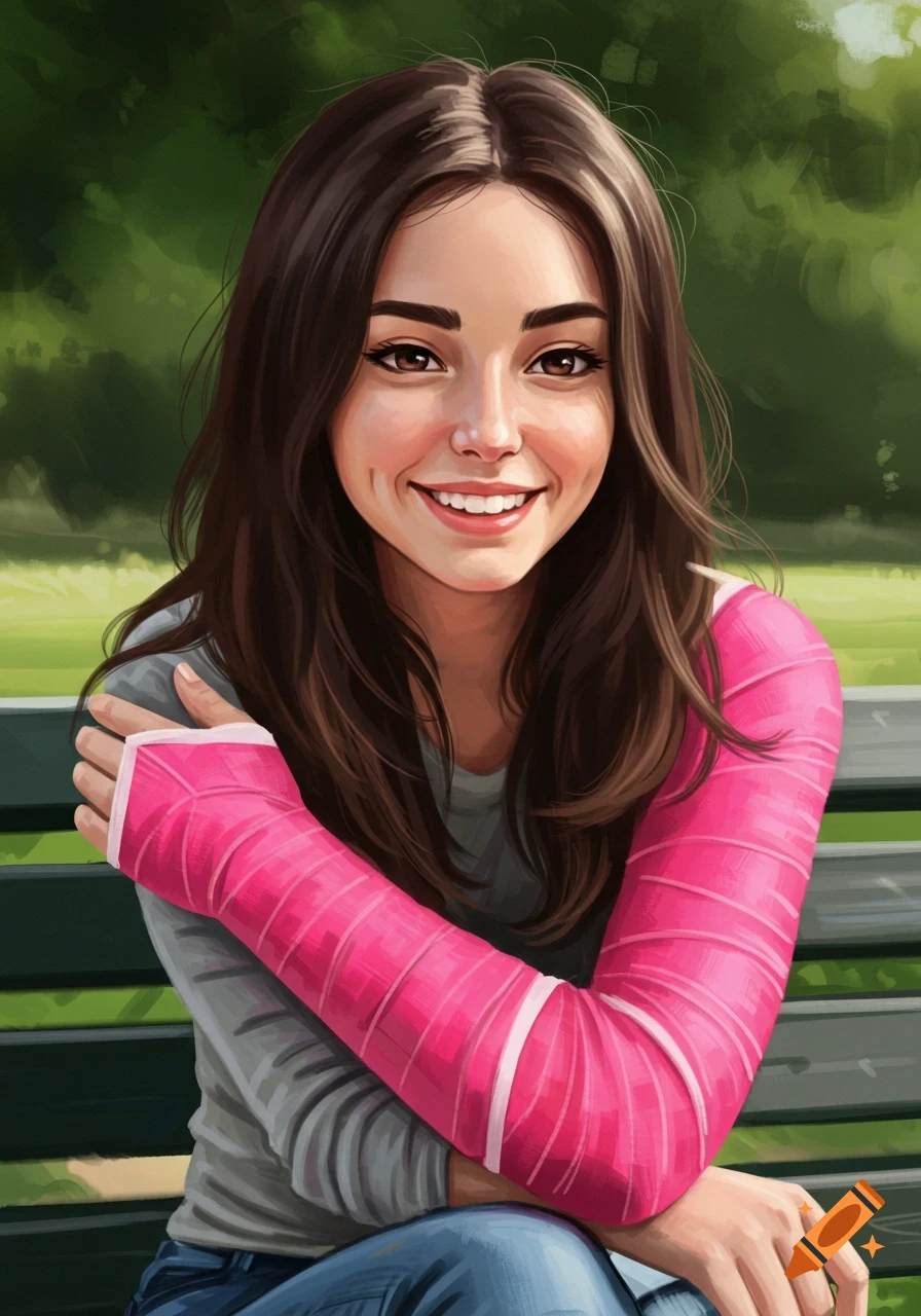 Digital painting of a young woman smiling with a bright pink arm cast ...