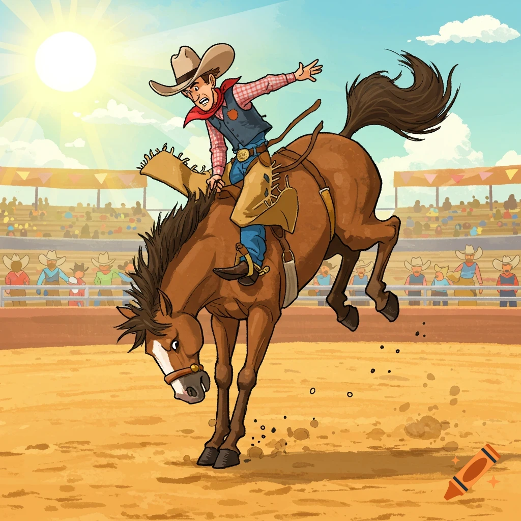 A cartoon clipart illustration of a cowboy riding a bucking horse in a ...