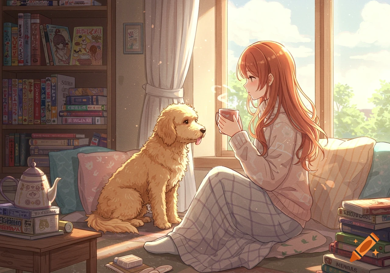 Anime girl and a golden doodle sit by a window in a cozy room with ...