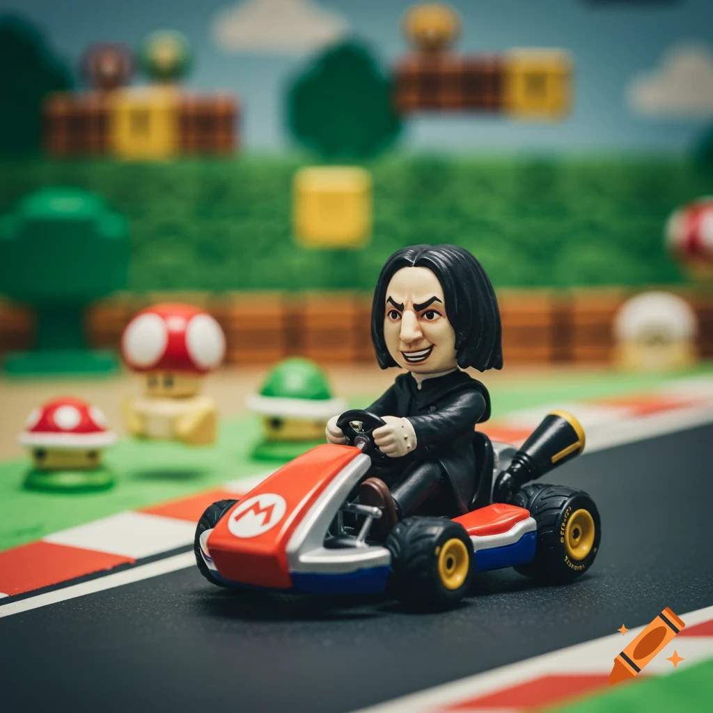 Miniature model of Severus Snape driving a Mario Kart on a track with a ...