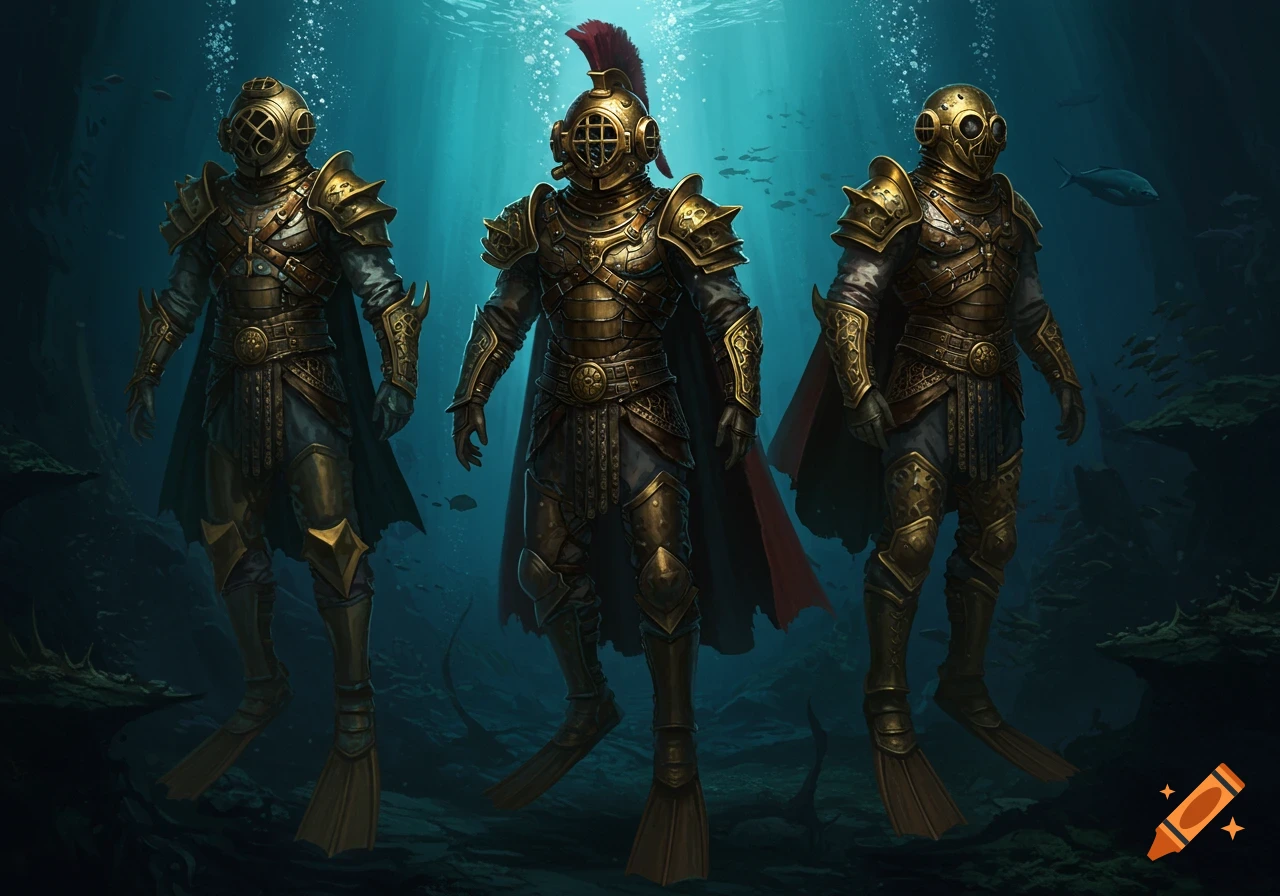 Three figures in golden gladiator diving suits underwater on Craiyon