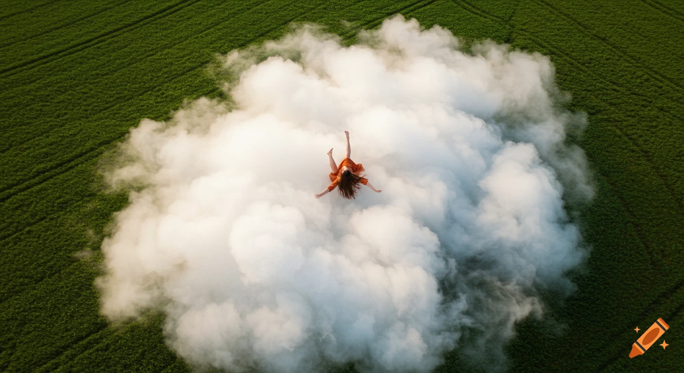 Aerial view of a woman laying on a cloud above a green field on Craiyon