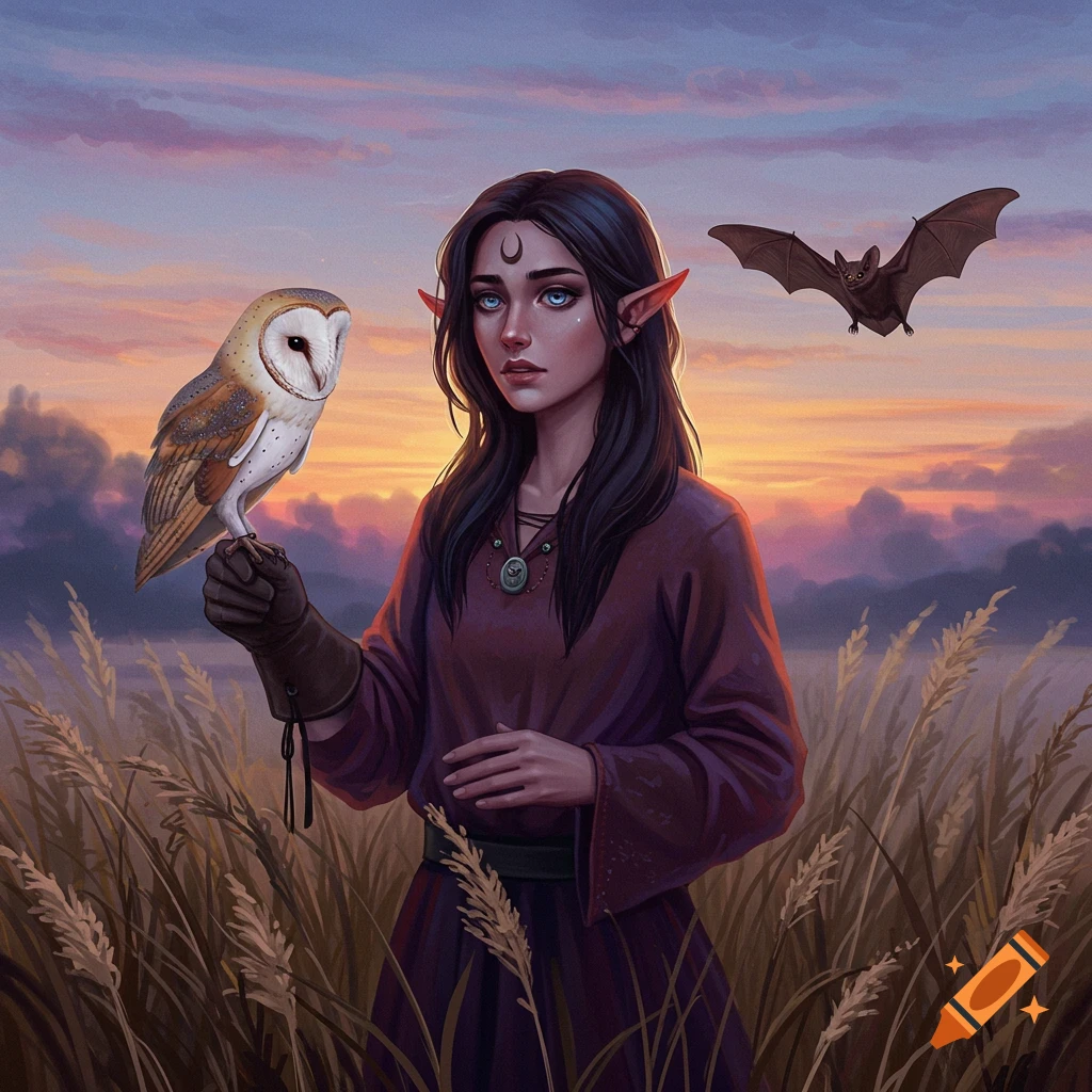 Fantasy character with pointy ears holding a barn owl, a bat flies ...