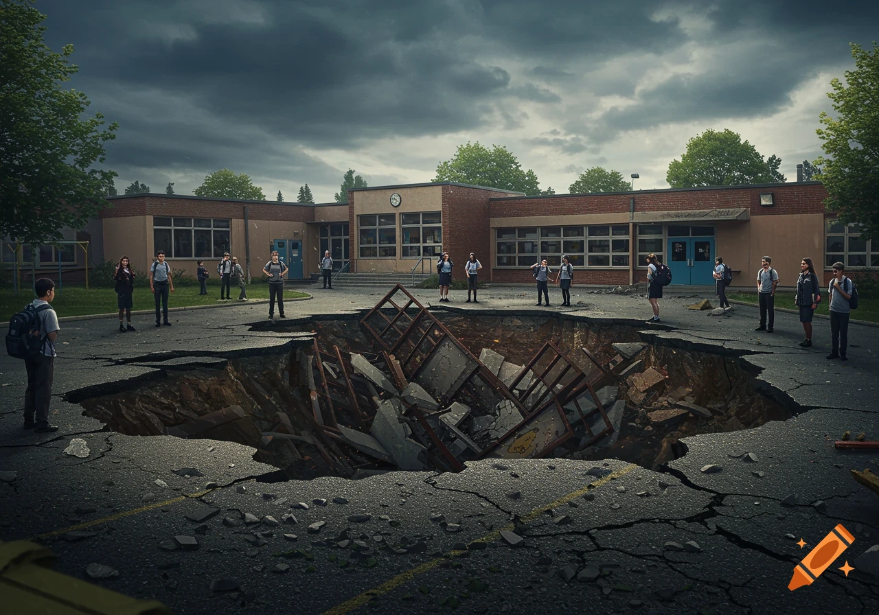 A large sinkhole has opened in front of a school building with students ...