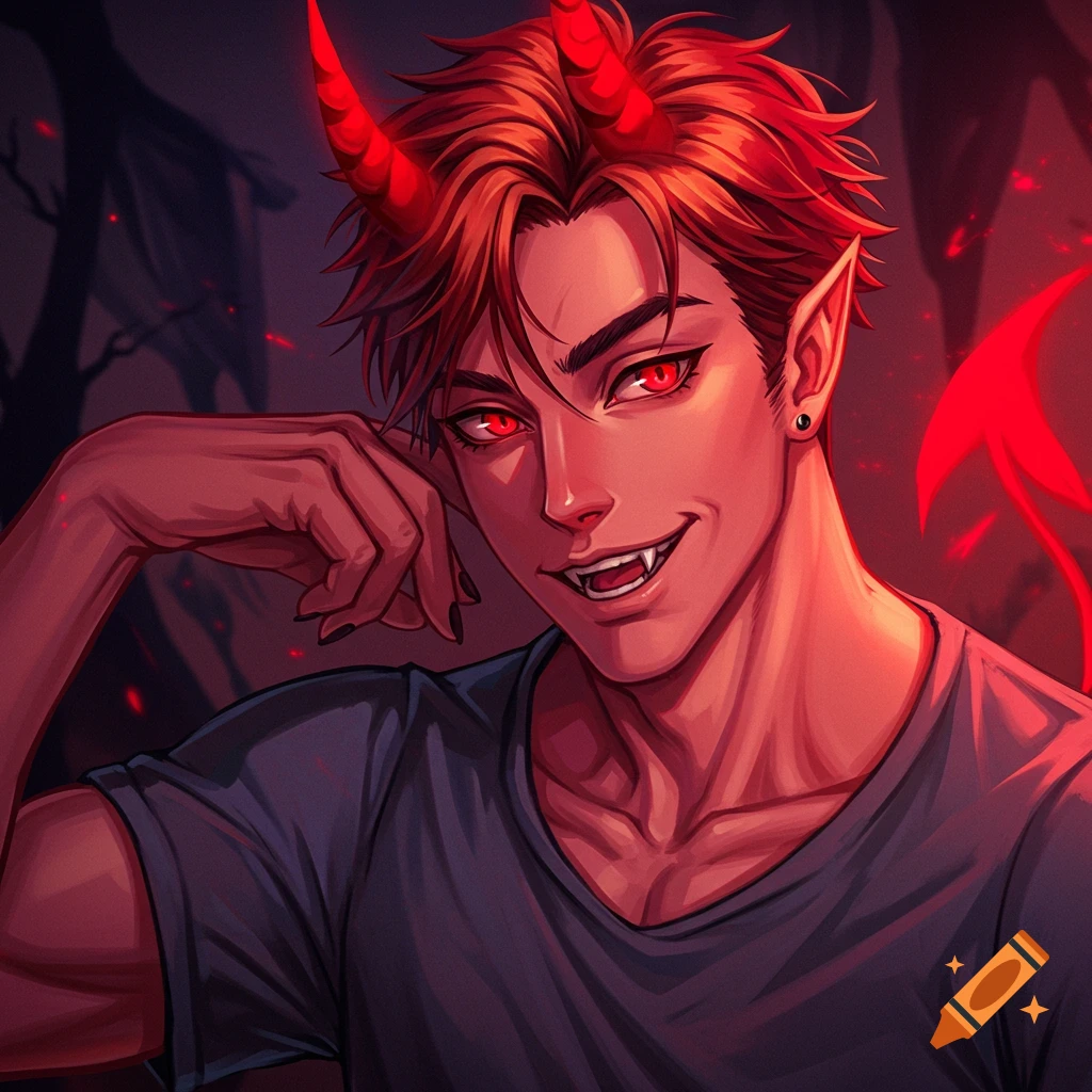 Anime portrait of a young man with red skin, horns, fangs, and red eyes ...