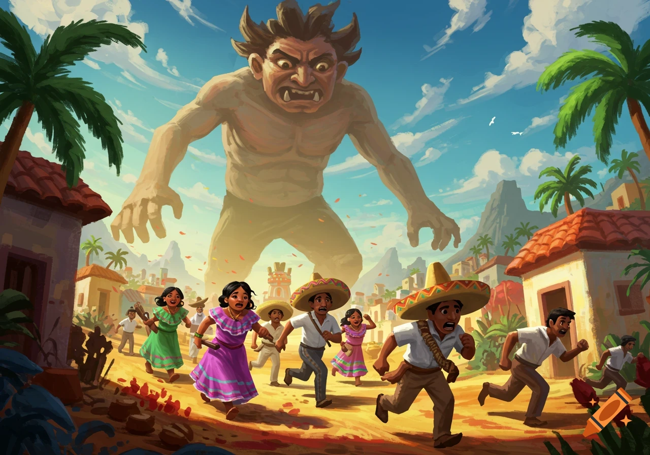 Cartoon illustration of Mexican people running in fear from a giant ...