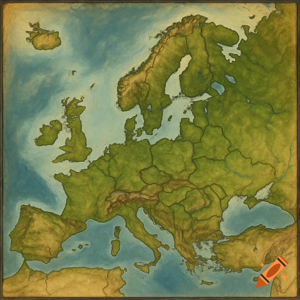 A stylized map of Europe with topographical details and country borders ...