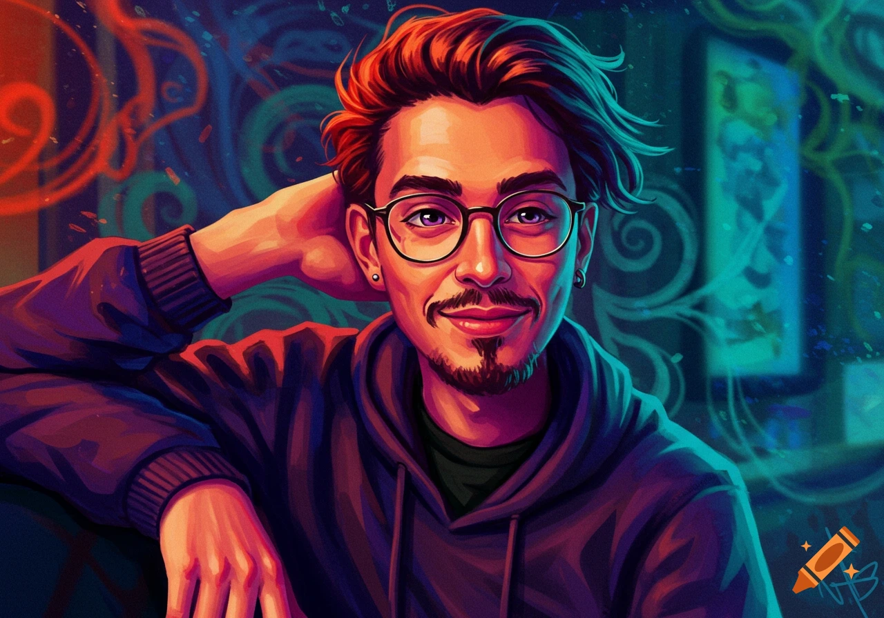 A stylized digital painting portrait of a smiling man with glasses and ...